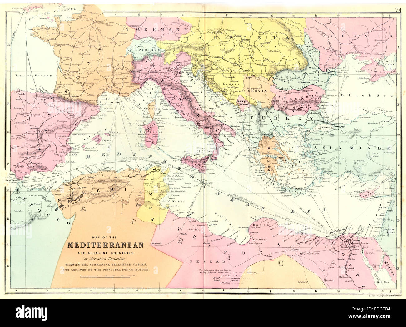 MEDITERRANEAN: telegraph cables steamship routes. Mercator. Bacon, 1895 ...