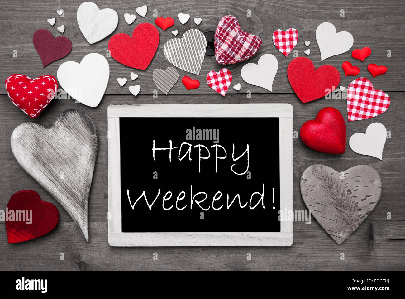 Black And White Chalkbord, Red Hearts, Happy Weekend Stock Photo - Alamy