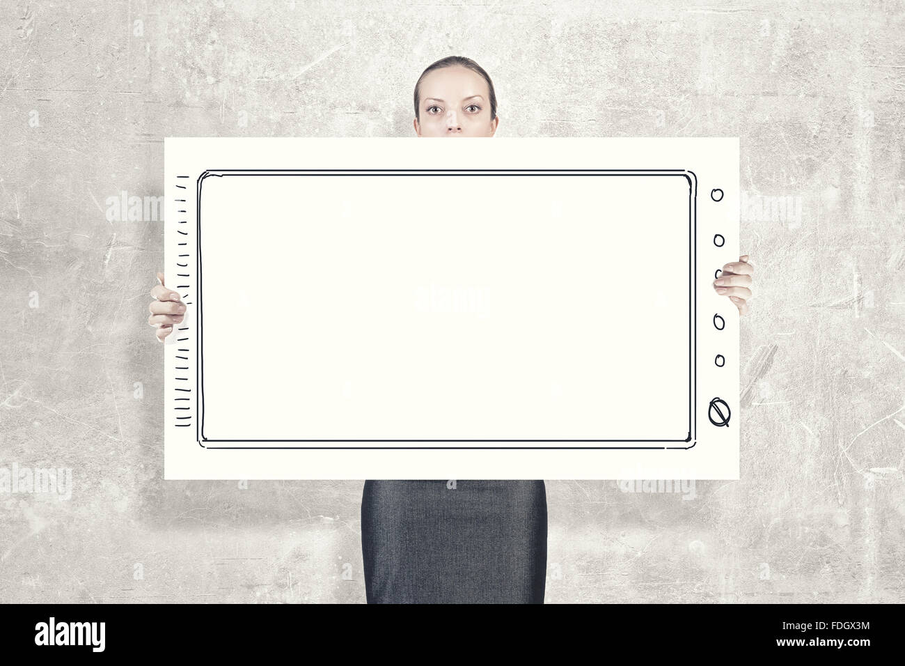 Young woman showing white blank banner. Place for text Stock Photo - Alamy