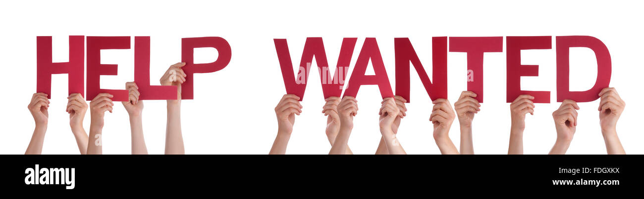People Hands Holding Red Straight Word Help Wanted Stock Photo - Alamy