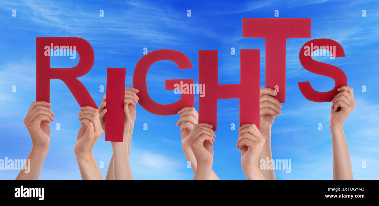 Many People Hands Holding Red Word Rights Blue Sky Stock Photo - Alamy