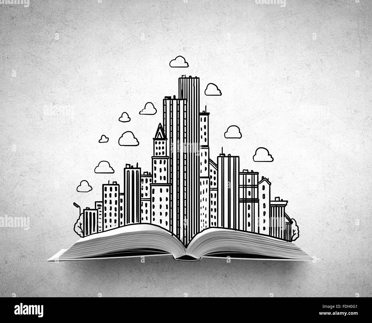 Opened book and hand drawing building construction sketches Stock Photo ...