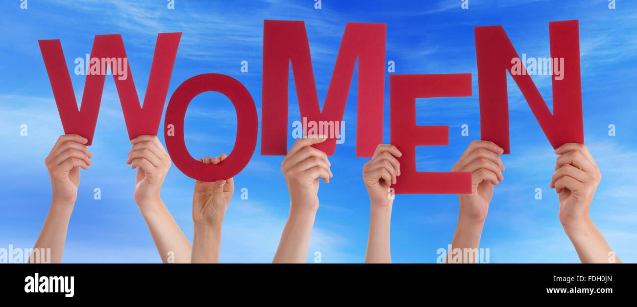 Many People Hands Holding Red Word Women Blue Sky Stock Photo - Alamy