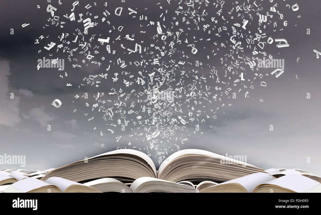 Opened book with characters flying out of pages Stock Photo - Alamy