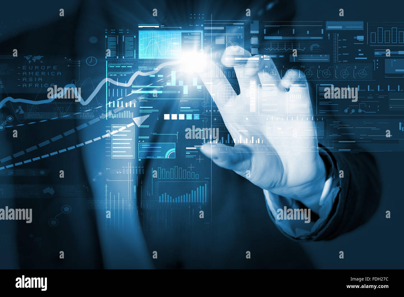Businesswoman hand touching with finger virtual panel with infographs ...