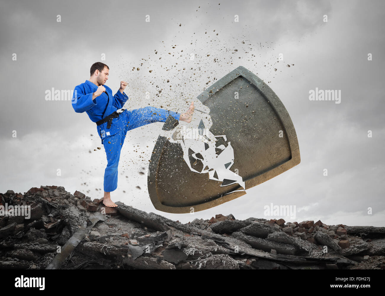Young determined karate man breaking concrete shield Stock Photo - Alamy