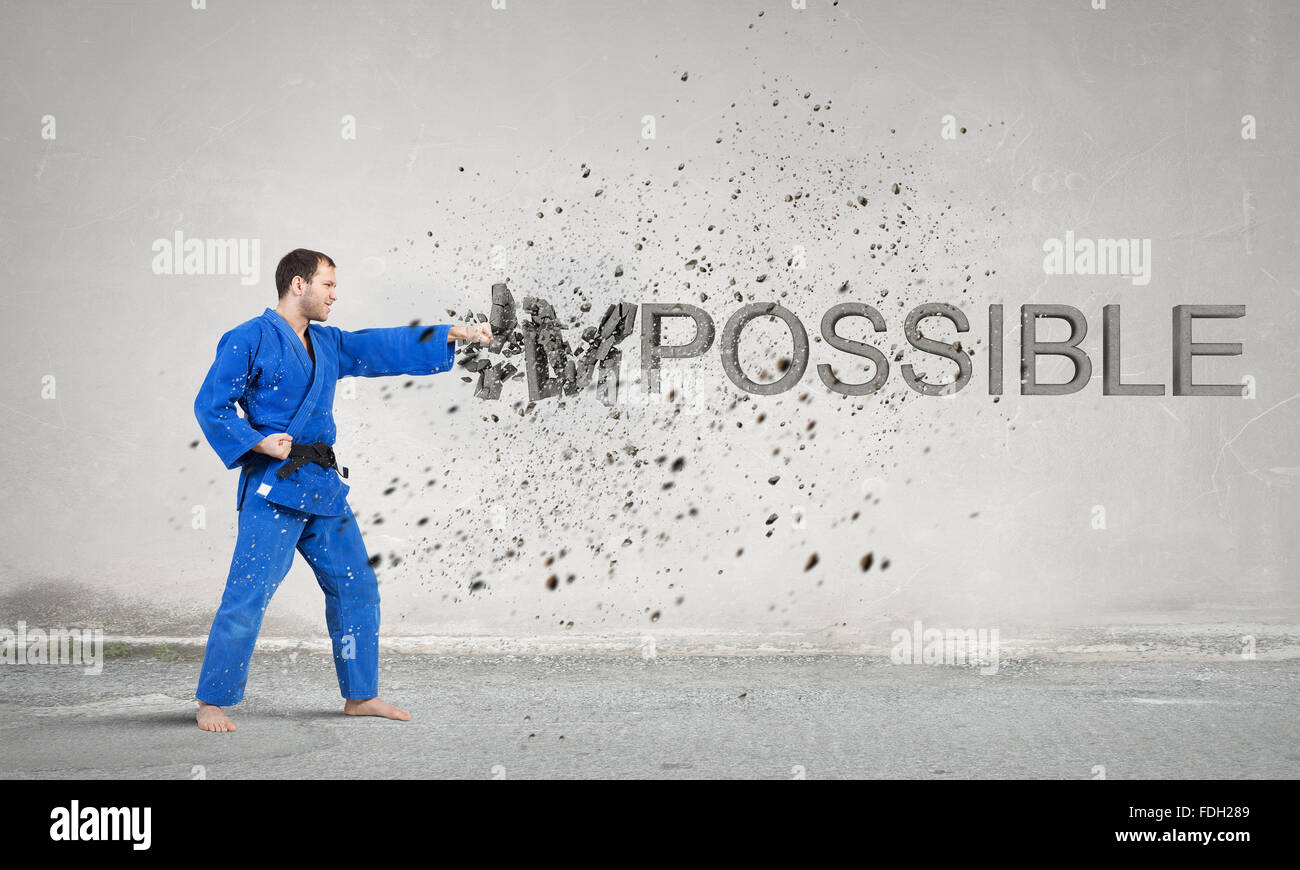 Young determined karate man breaking stone impossible word Stock Photo ...