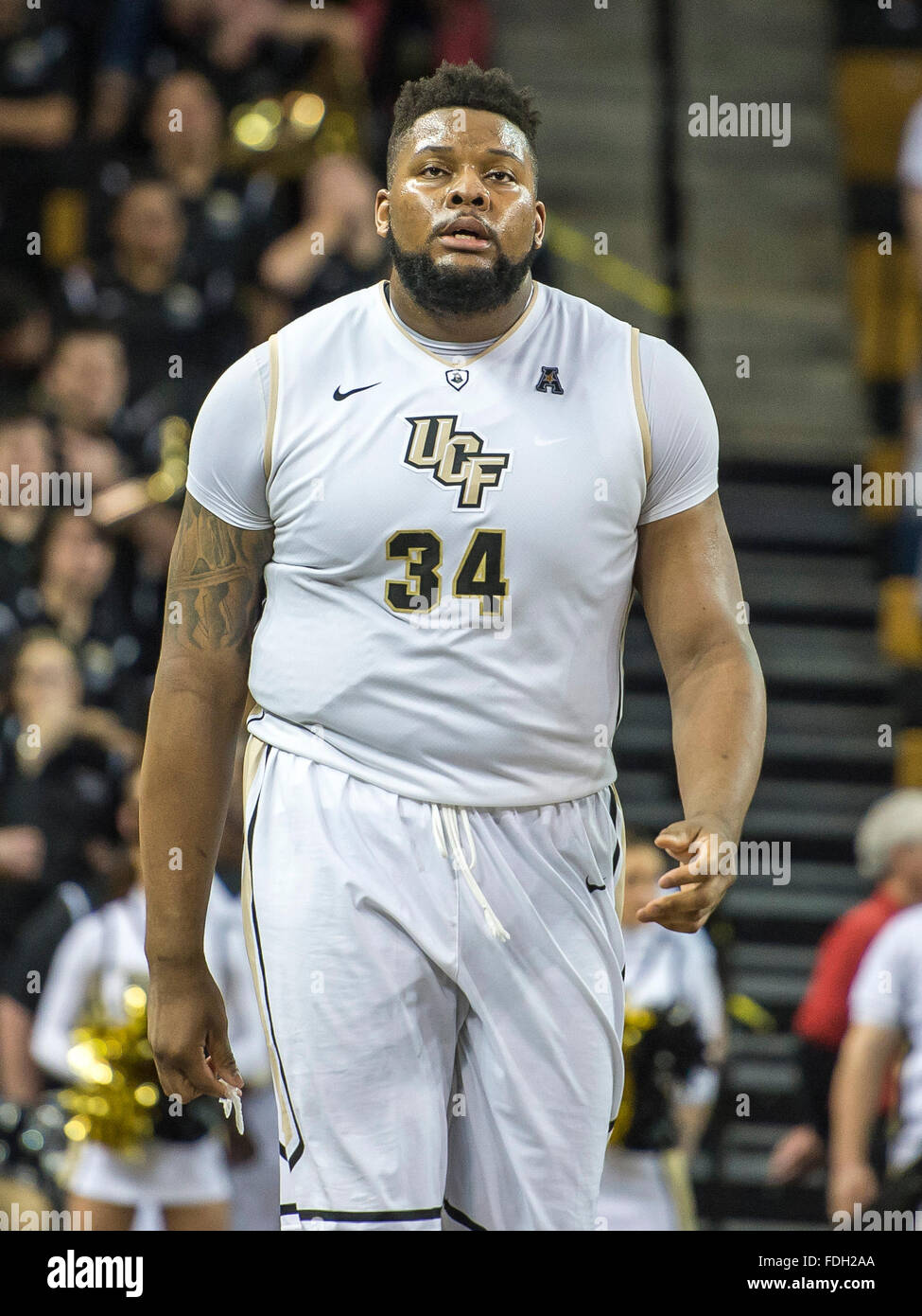 Orlando, FL, USA. 31st Jan, 2016. UCF center Justin McBride (34) reacts ...