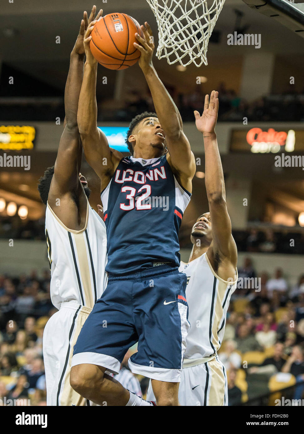 Orlando, FL, USA. 31st Jan, 2016. UConn forward Shonn Miller (32) lays ...