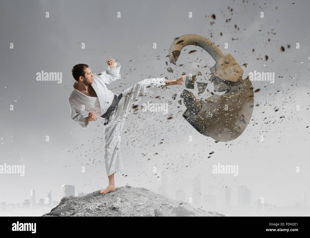 Young determined karate man breaking hi-res stock photography and ...