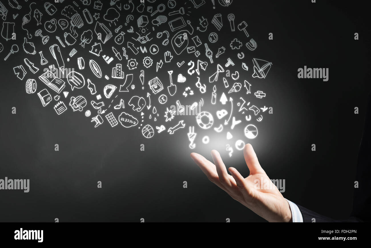 Businessman hand presenting business idea sketch on palm Stock Photo ...