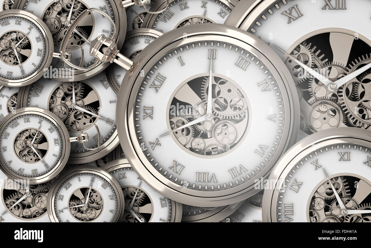 Many pocket watch hanging from above on concrete wall Stock Photo - Alamy