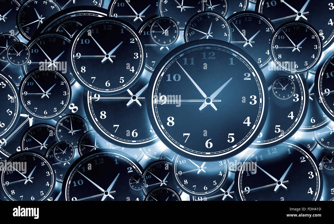 Many round wall clocks on concrete wall Stock Photo - Alamy