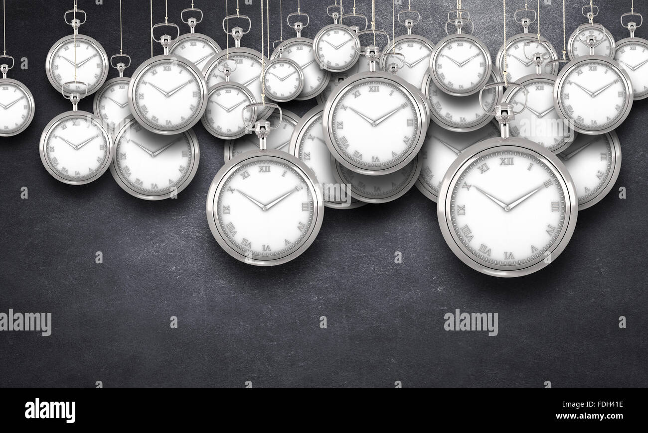 Many pocket watch hanging from above on concrete wall Stock Photo - Alamy