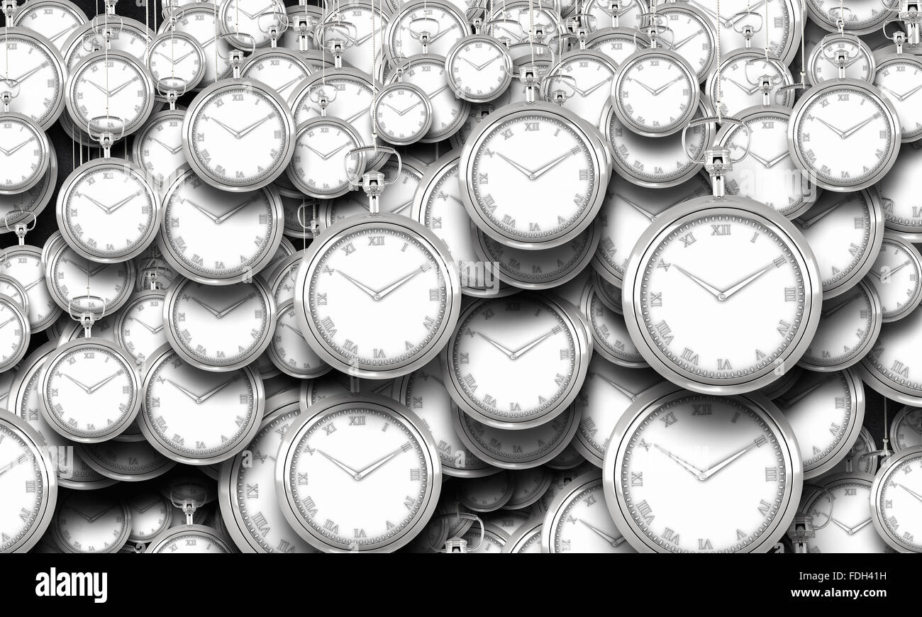 Many pocket watch hanging from above on concrete wall Stock Photo - Alamy