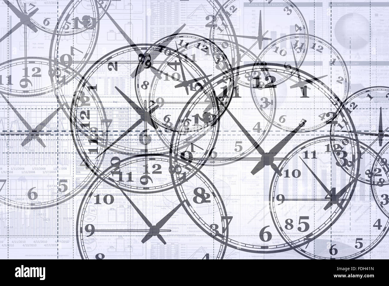 Many round wall clocks on grey concrete wall Stock Photo - Alamy