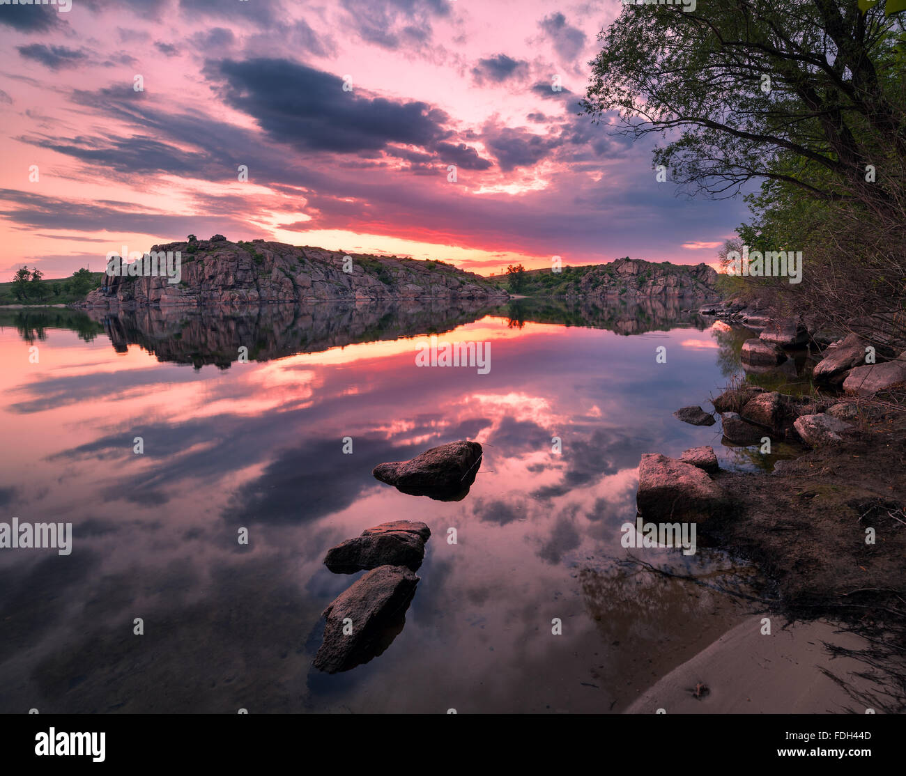 Beautiful landscape. Colorful sunset at the beach with trees and rocks ...