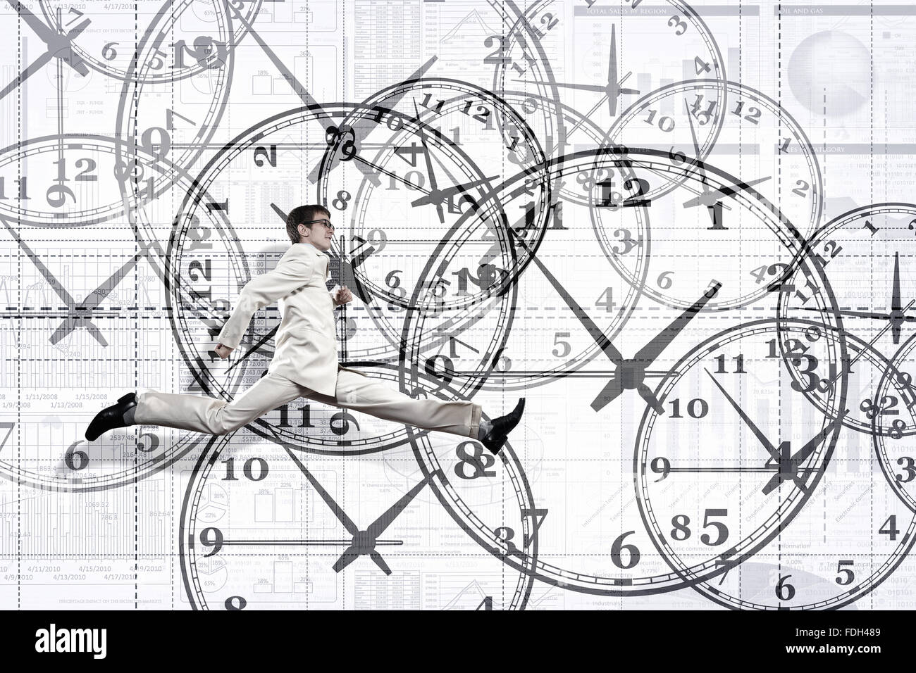 Concept of time with funny businessman running in a hurry Stock Photo ...