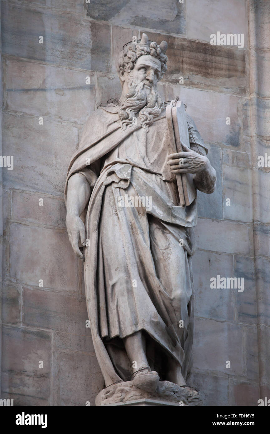 Moses. Marble statue on the south facade of the Milan Cathedral (Duomo ...