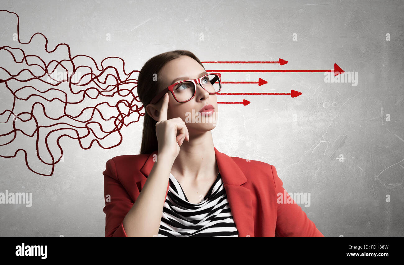 Pretty young woman making decision with arrows coming out of her head ...