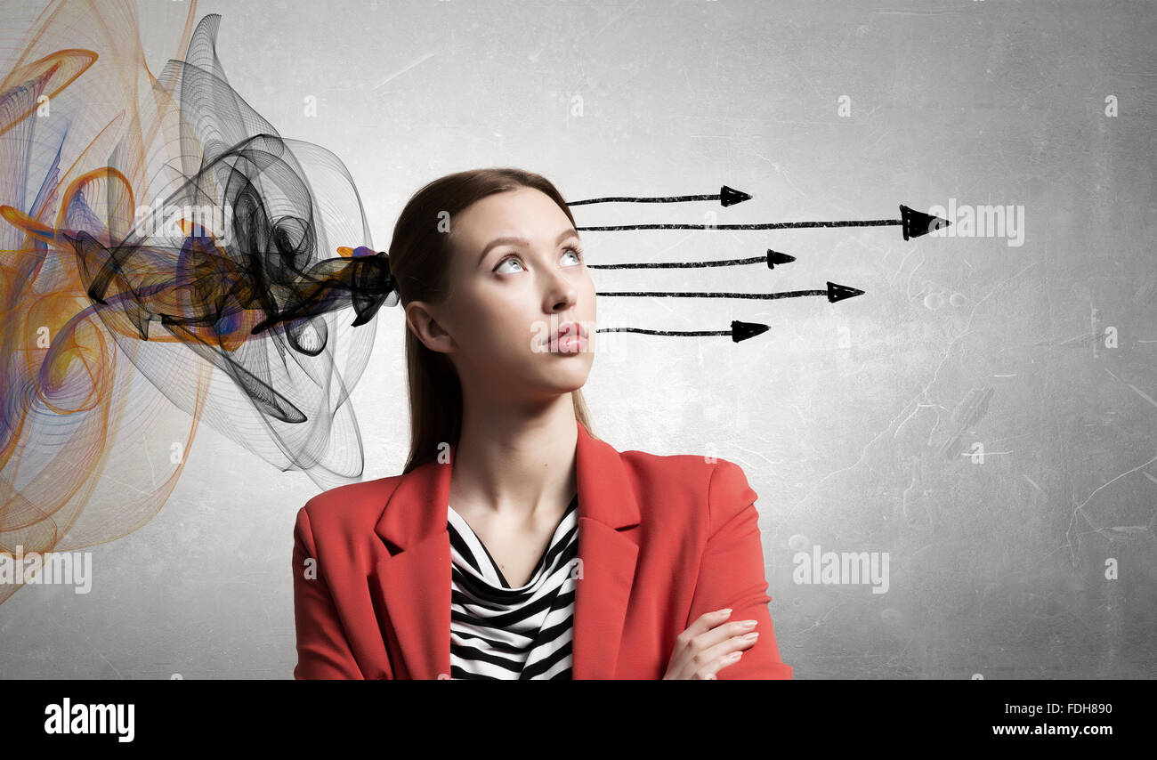 Pretty young woman making decision with arrows coming out of her head ...