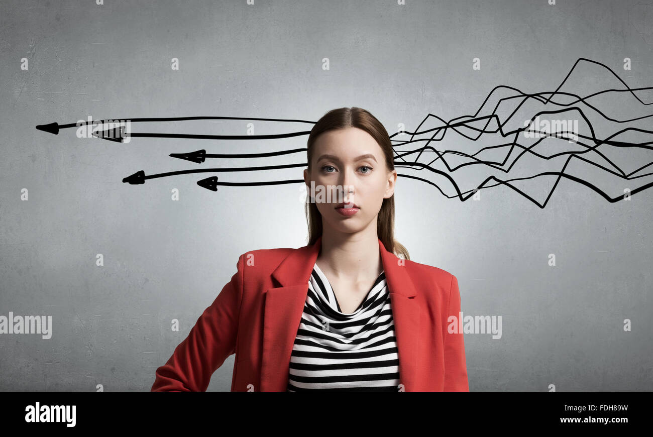 Pretty young woman making decision with arrows coming out of her head ...