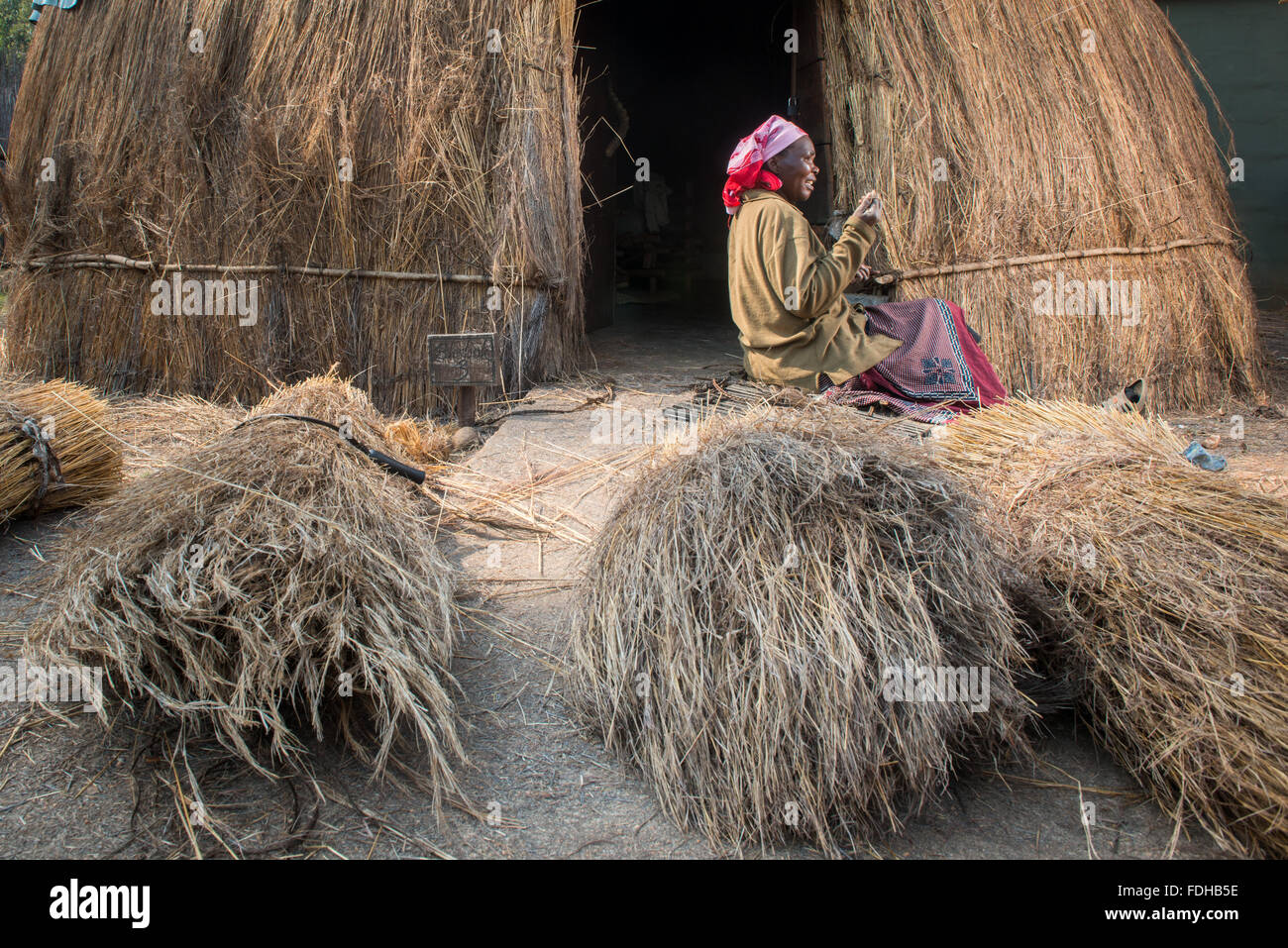 African woman making beehive huts at the Mlilwane Wildlife Sanctuary in ...