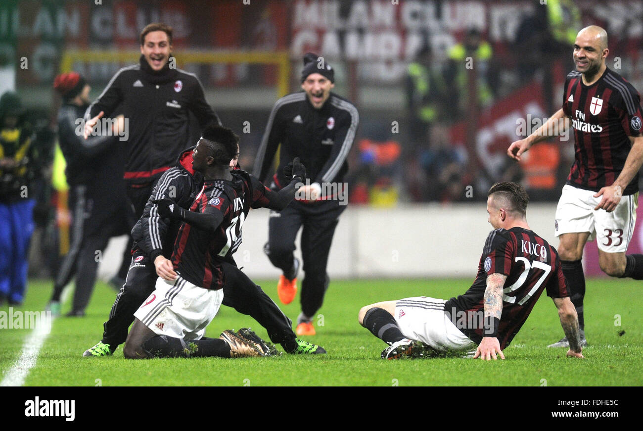 Milan. 31st Jan, 2016. AC Milan's players celebrate after scoring a ...