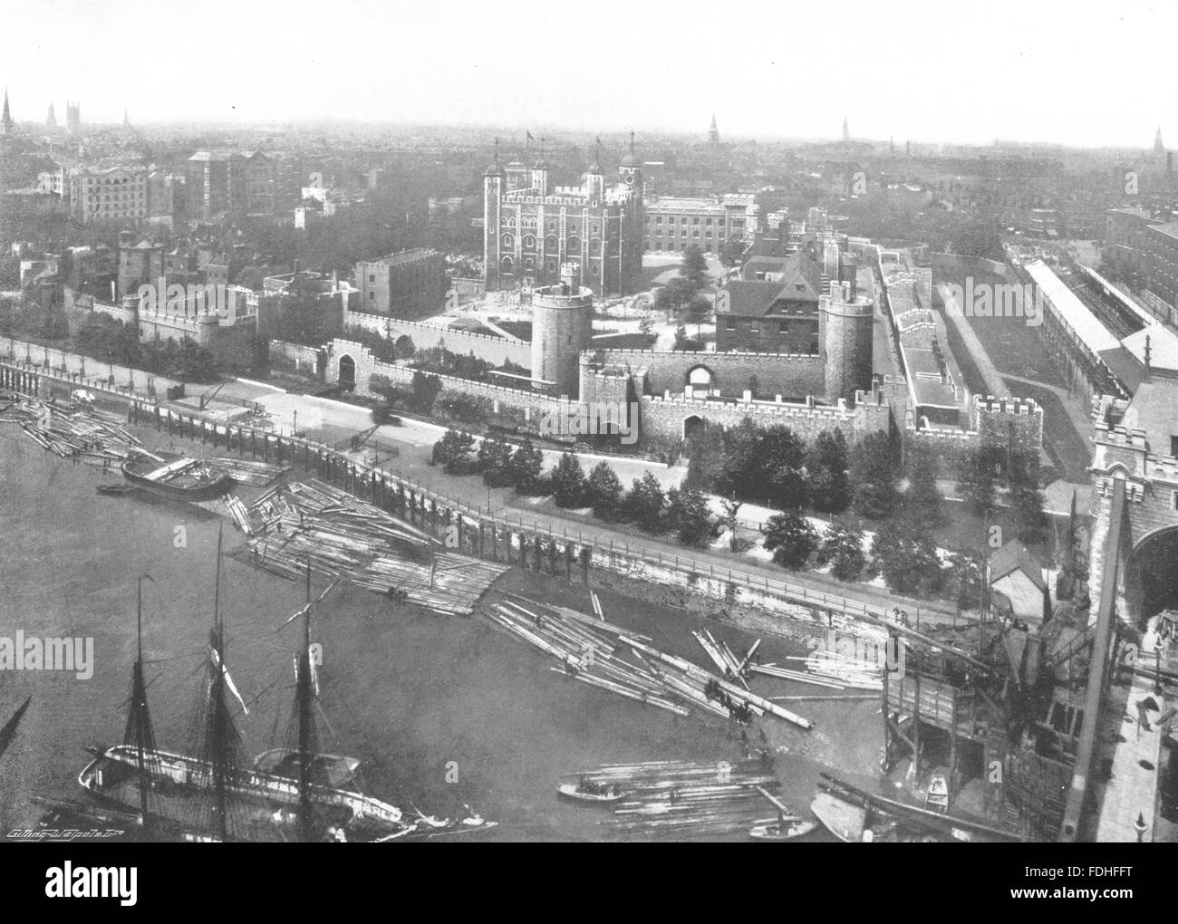 LONDON: The Tower- Panoramic view from the Tower Bridge, antique print ...