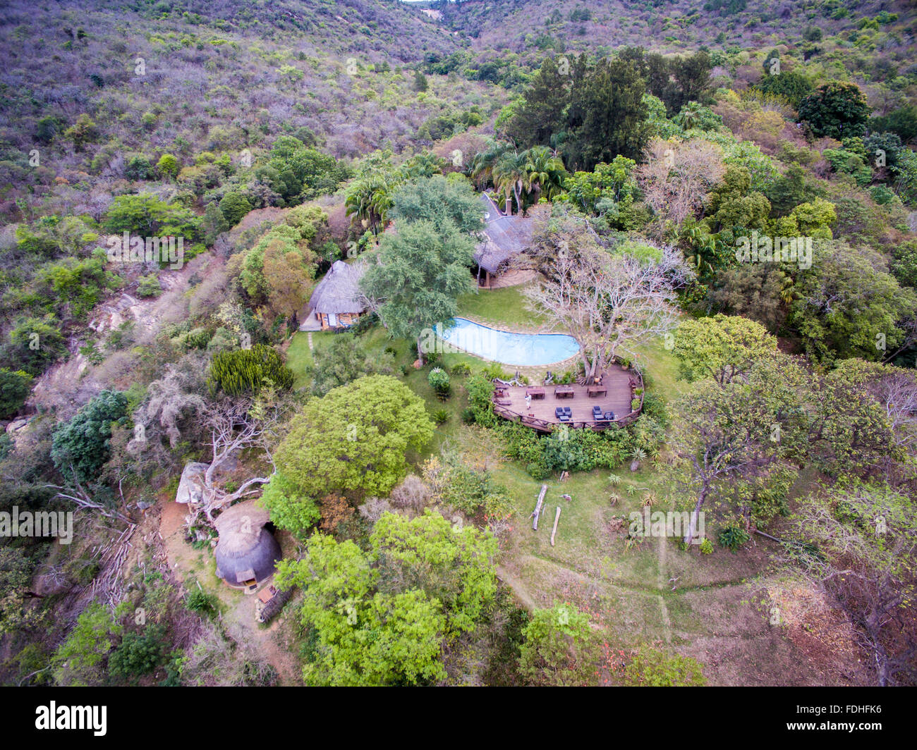 Aerial of a Lodge at Phophonyane Falls in Giggs Peak, Swaziland, Africa ...