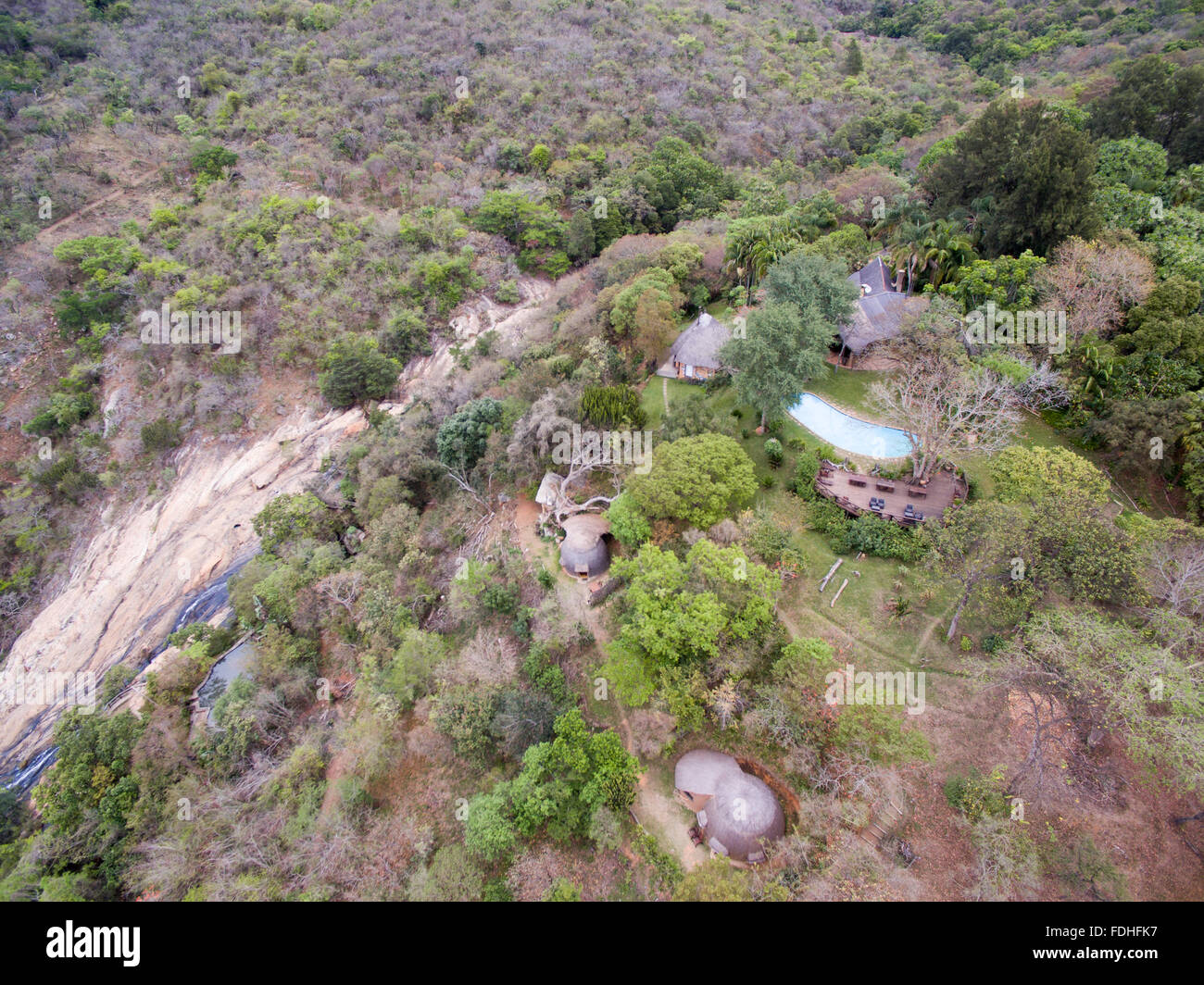Aerial of a Lodge at Phophonyane Falls in Giggs Peak, Swaziland, Africa ...