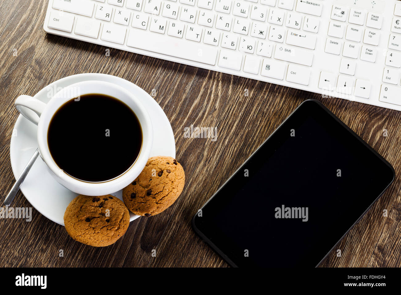 Business work place with cup of coffee calculator and glasses Stock ...