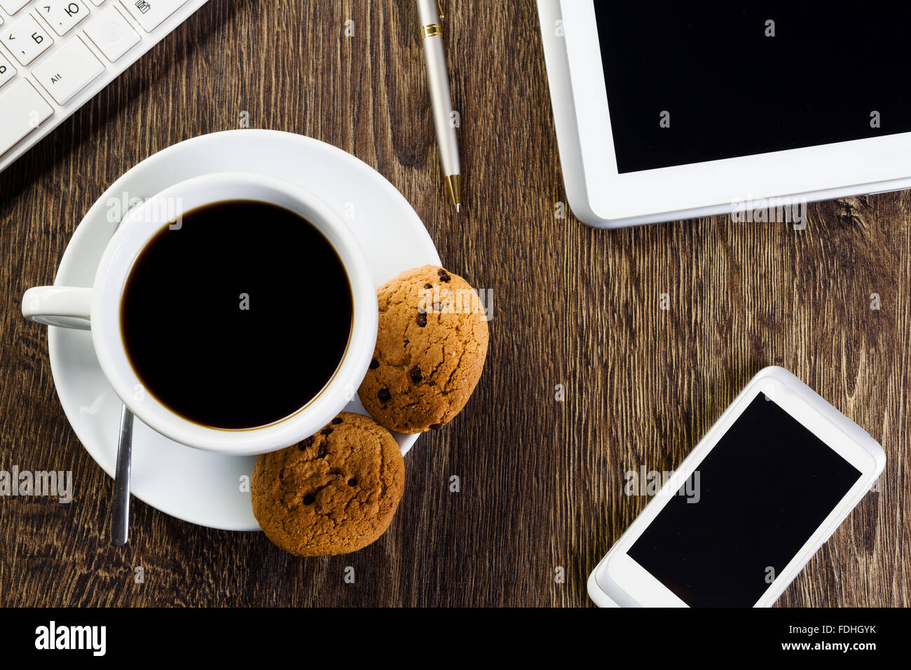 Business work place with cup of coffee calculator and glasses Stock ...