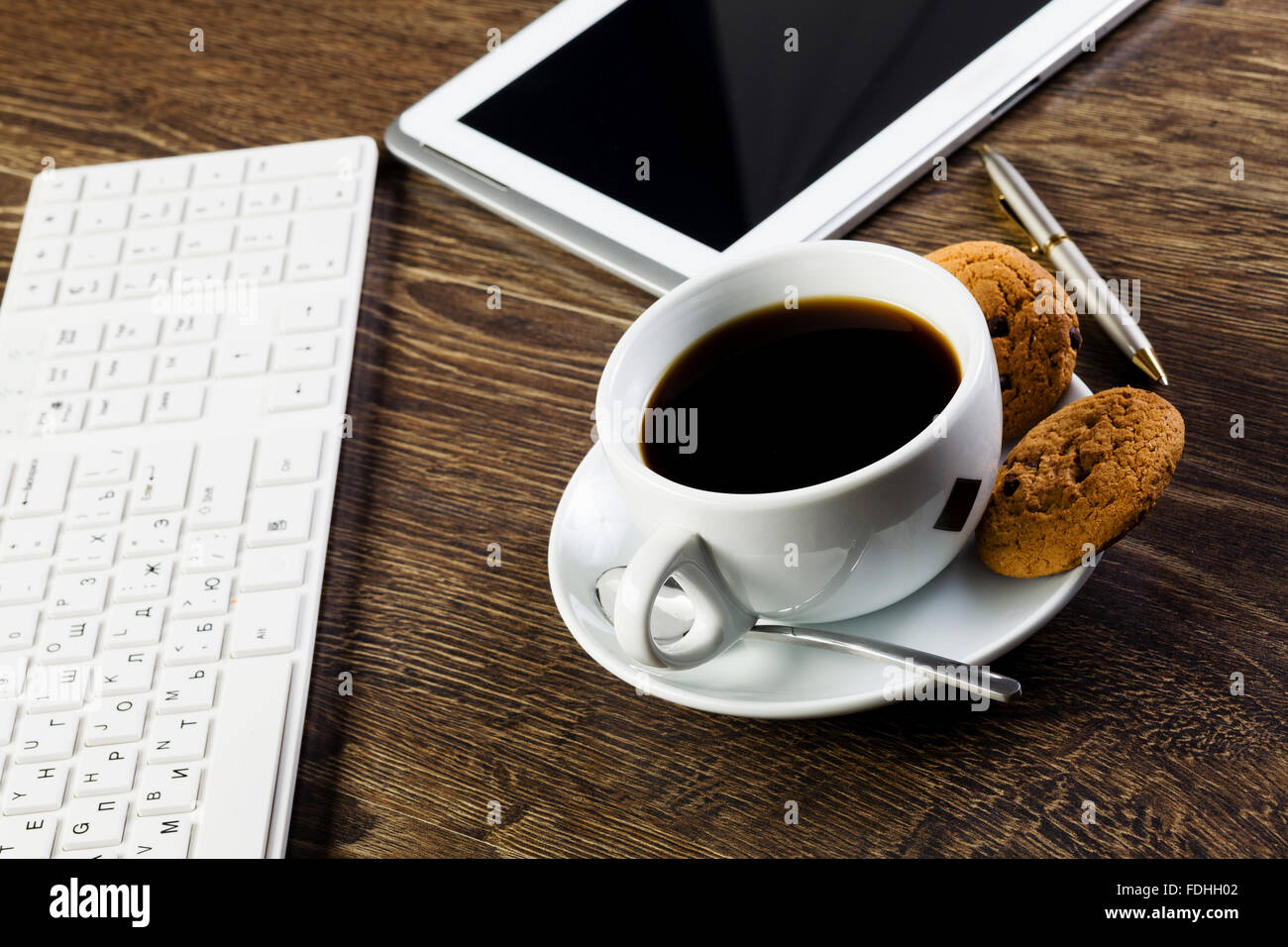 Business work place with cup of coffee calculator and glasses Stock ...