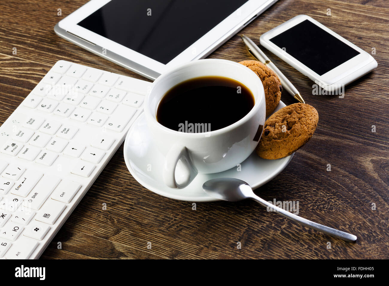 Business work place with cup of coffee calculator and glasses Stock ...