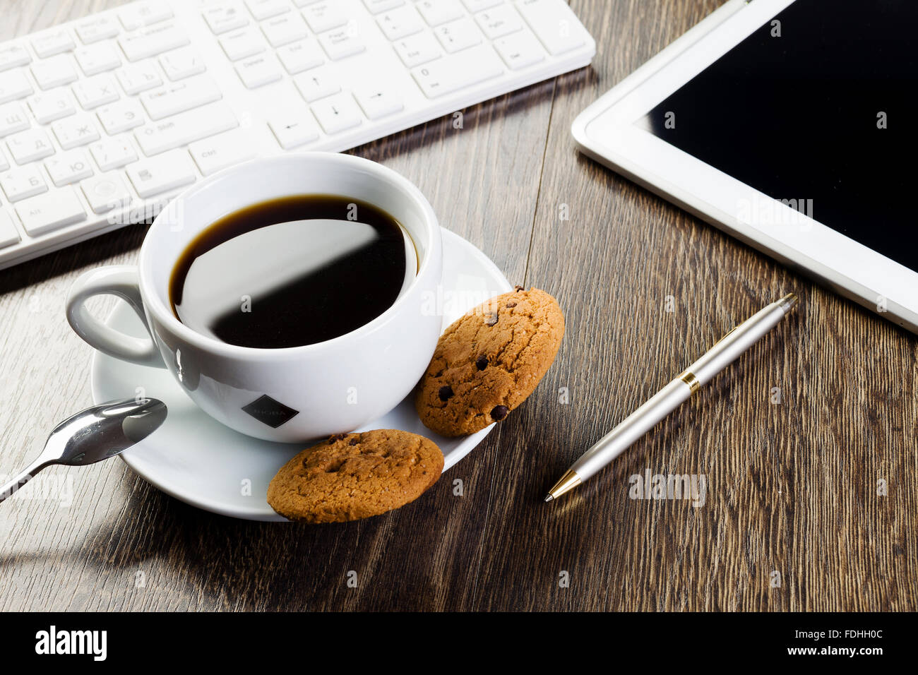 Business work place with cup of coffee calculator and glasses Stock ...