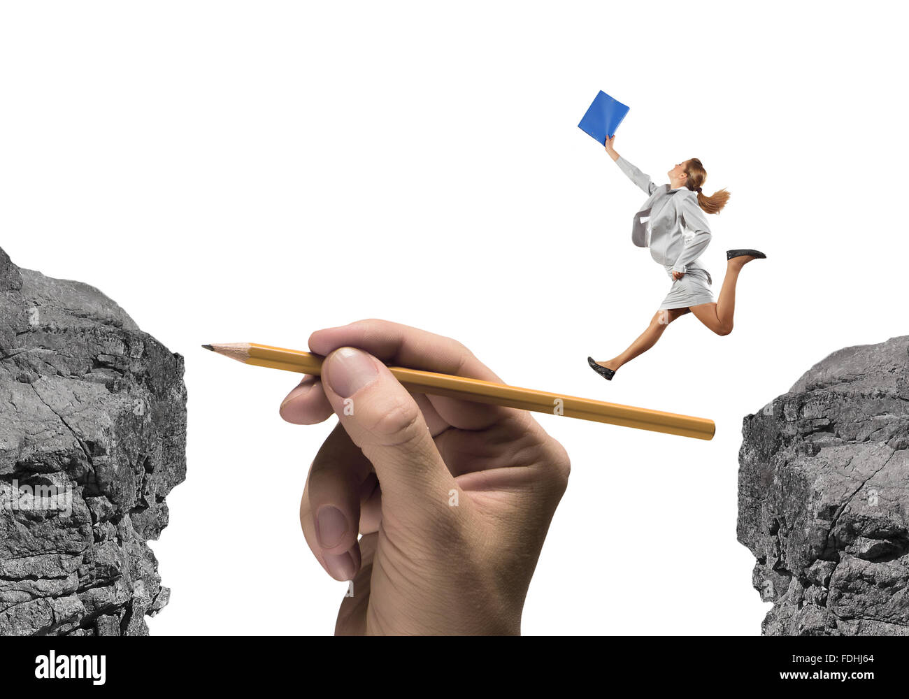 Businesswoman jumping over gap. Risk and challenge concept Stock Photo ...