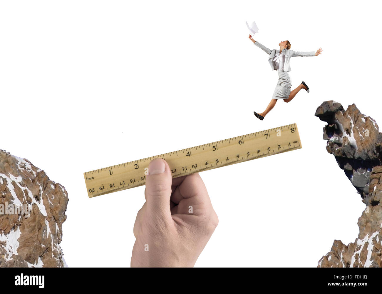 Businesswoman jumping over gap. Risk and challenge concept Stock Photo ...