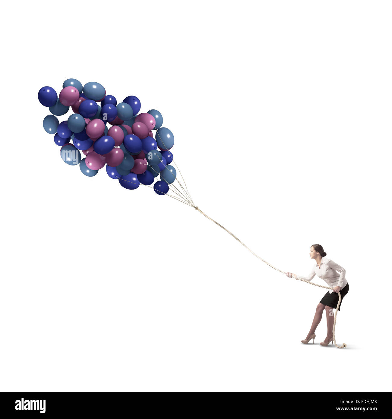 Young businesswoman pulling bunch of colorful balloons Stock Photo - Alamy
