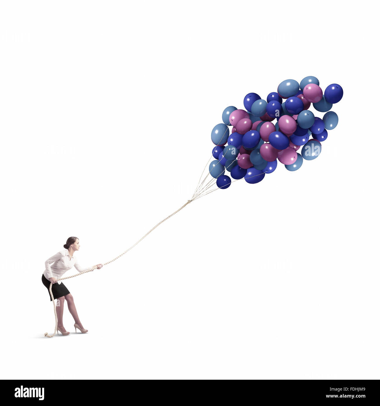 Young businesswoman pulling bunch of colorful balloons Stock Photo - Alamy