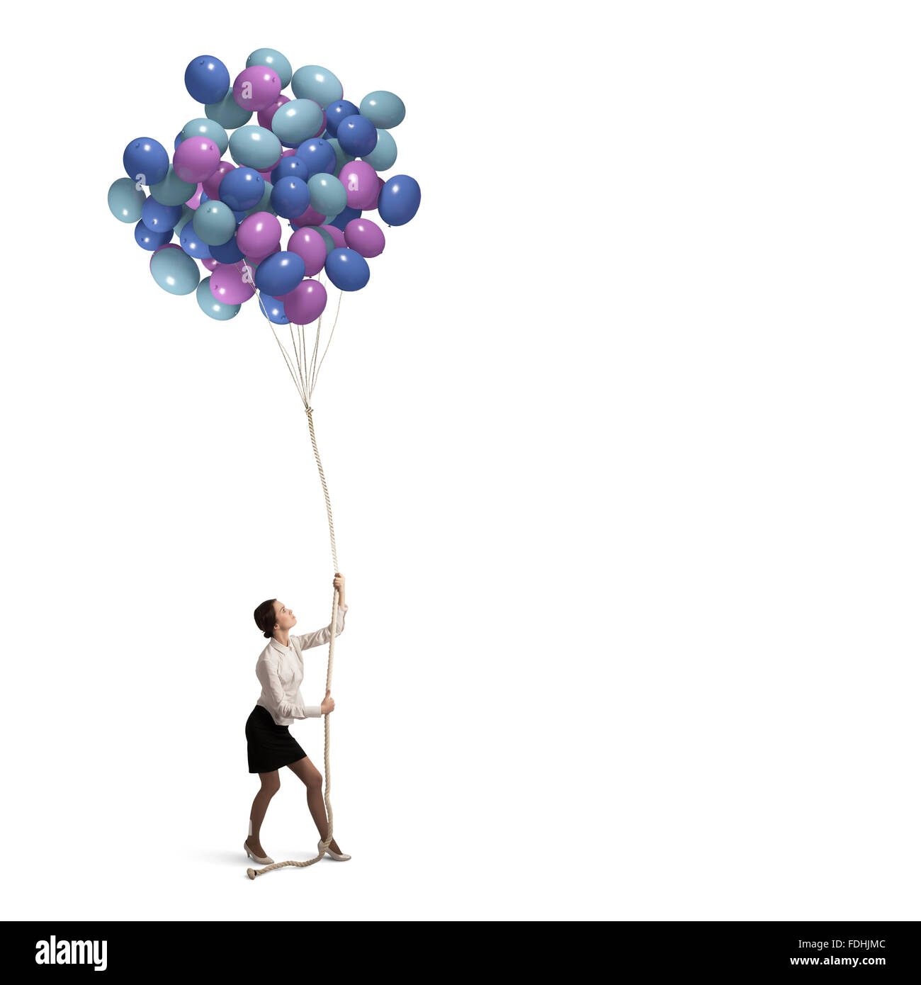 Young businesswoman pulling bunch of colorful balloons Stock Photo - Alamy