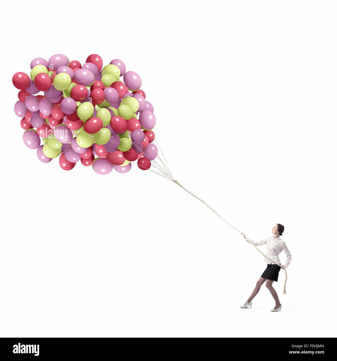 Young businesswoman pulling bunch of colorful balloons Stock Photo - Alamy