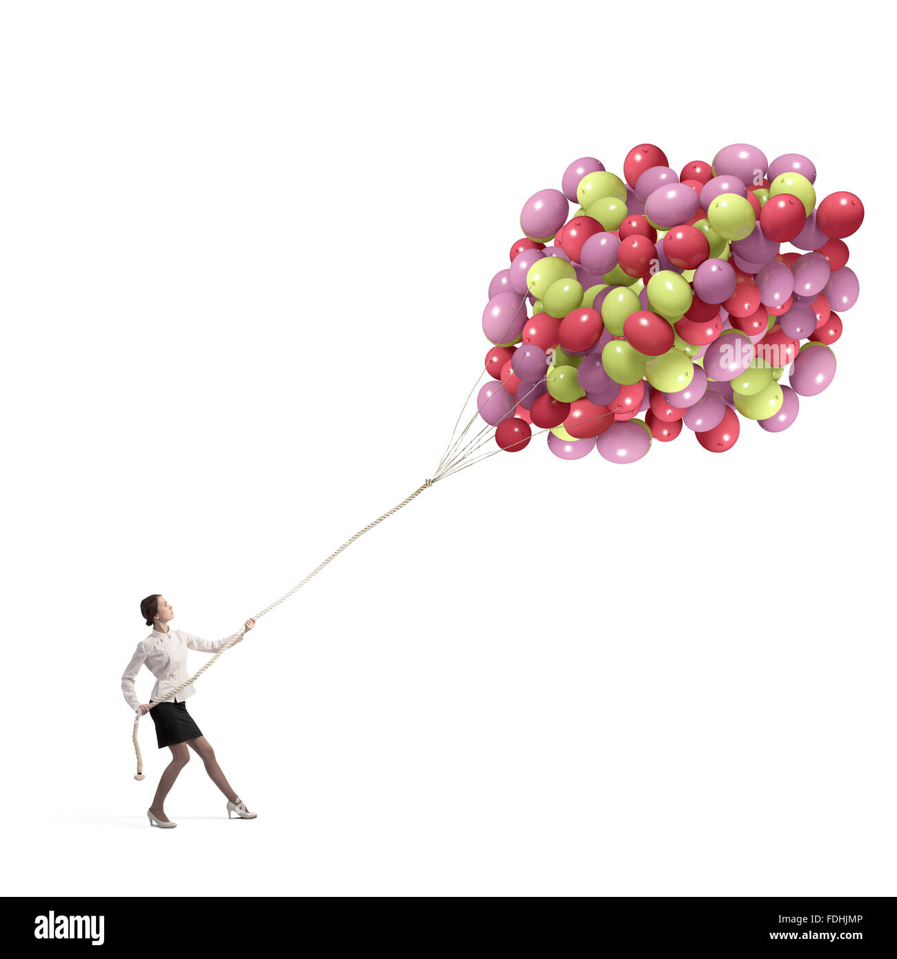 Young businesswoman pulling bunch of colorful balloons Stock Photo - Alamy
