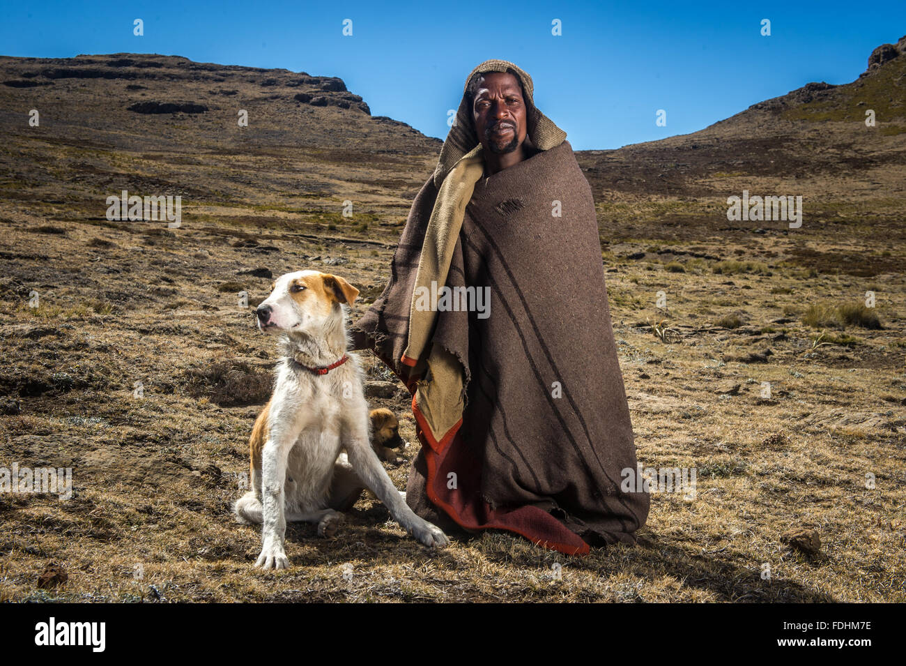 Portrait of a local shepherd with his dogs wrapped in a blanket in the ...