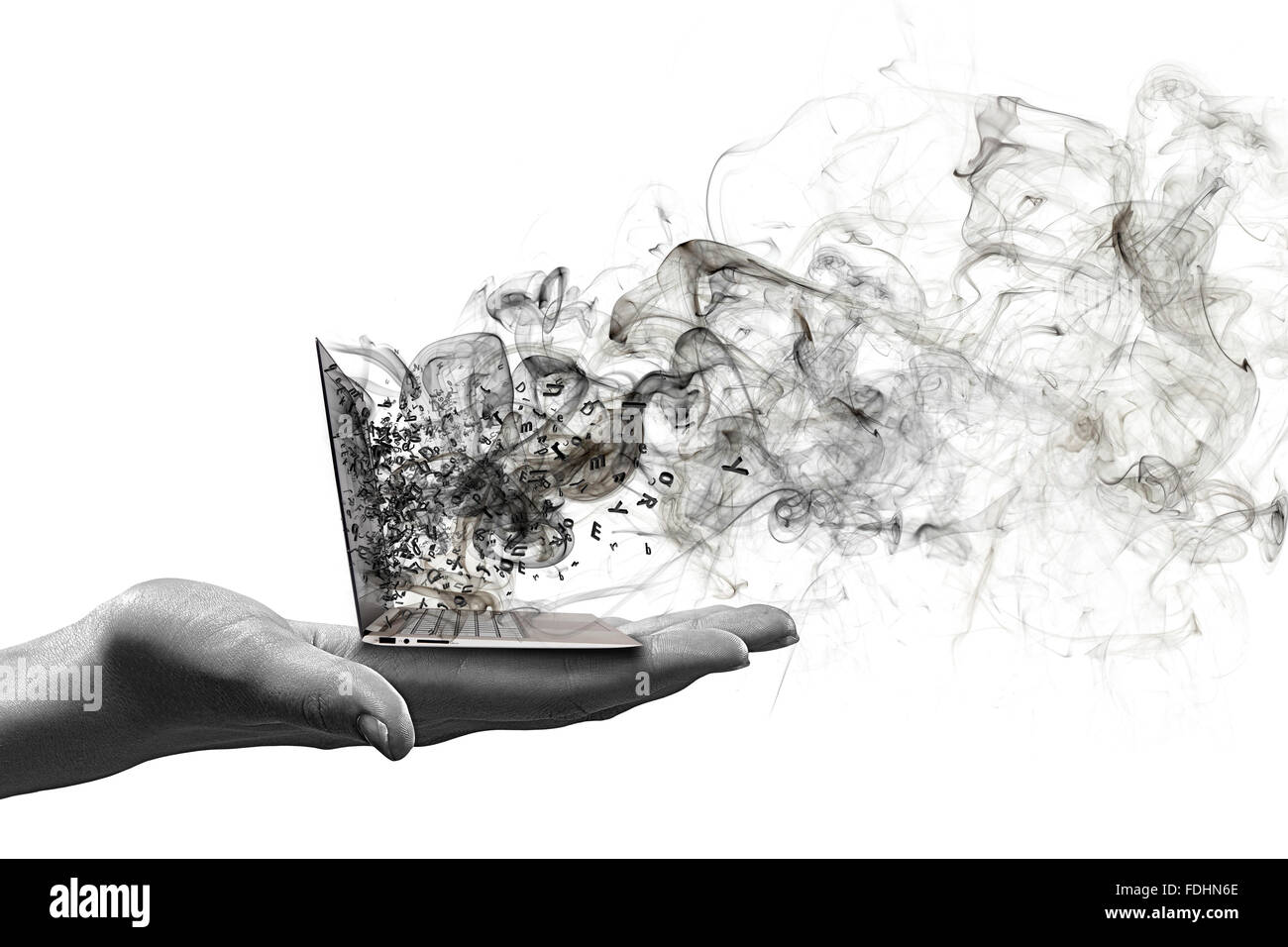 Human hand holding burning laptop on palm Stock Photo - Alamy