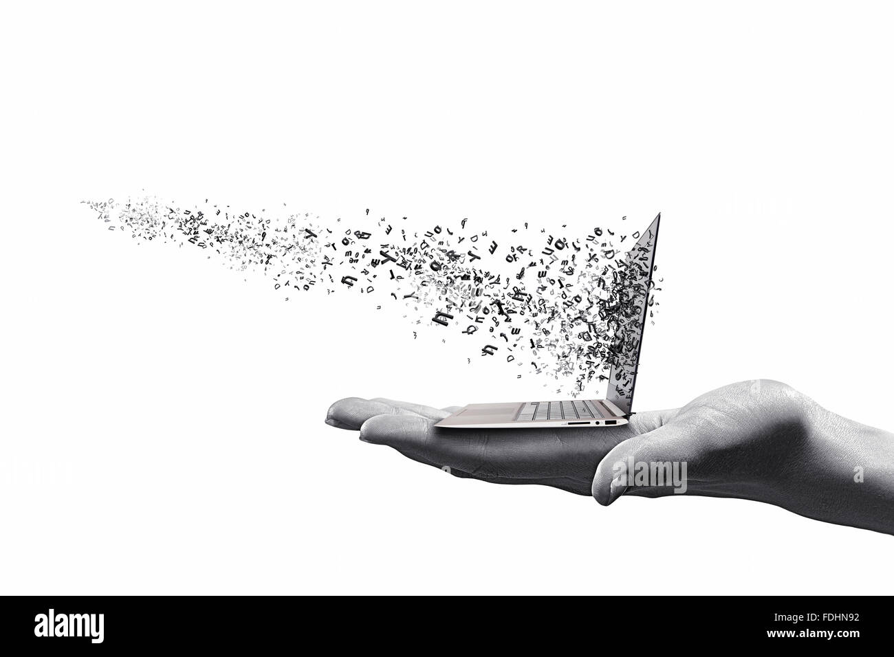 Close up of hand with laptop and media icons Stock Photo - Alamy