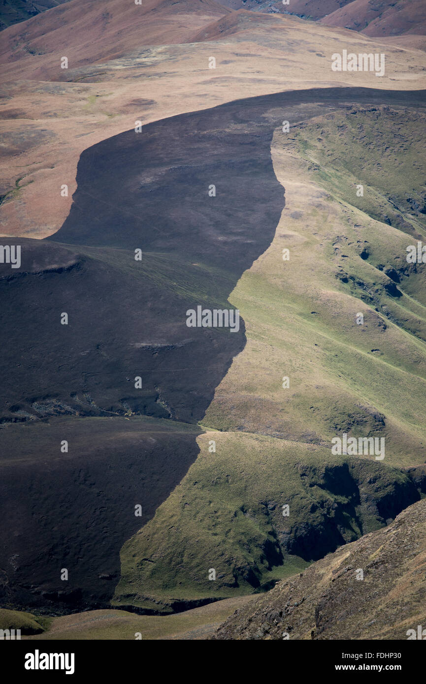 Aerial view of rolling green hills and mountains in Lesotho, Africa ...