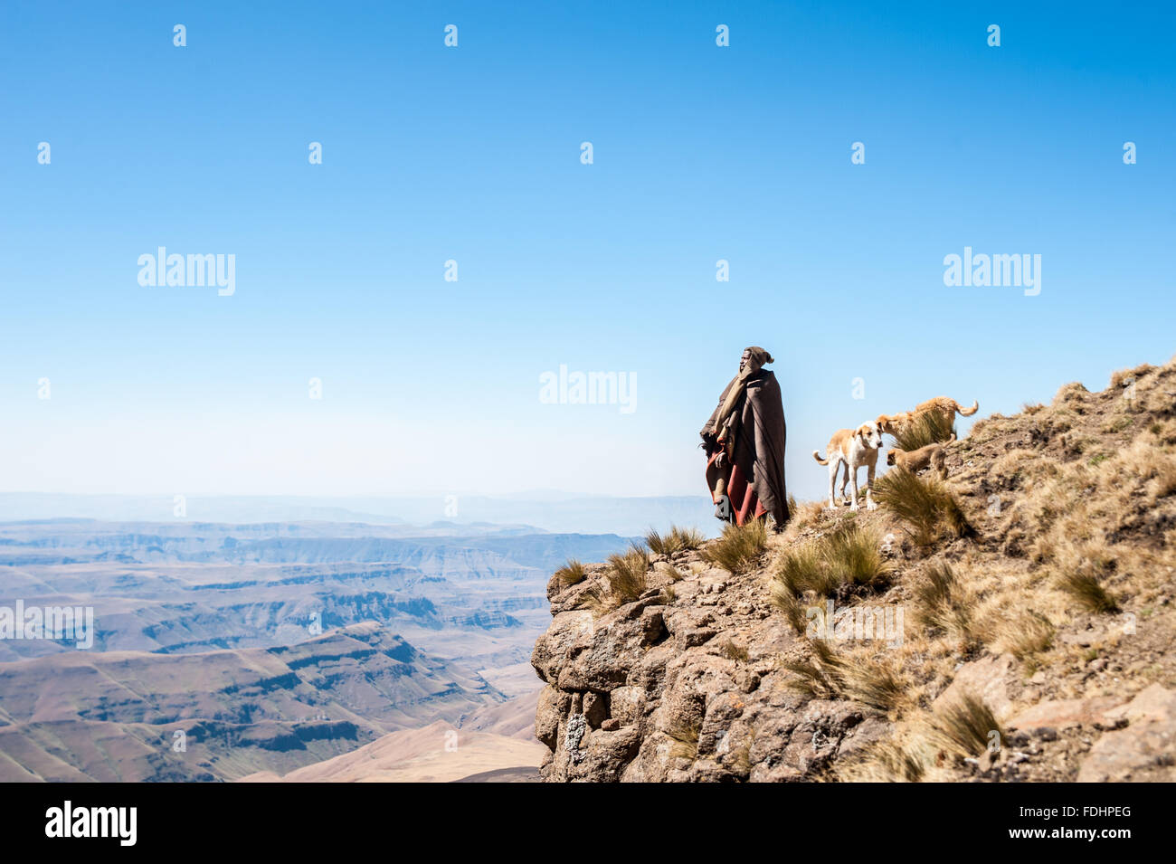 Local shepherd and his dogs standing in front of a mountain range ...