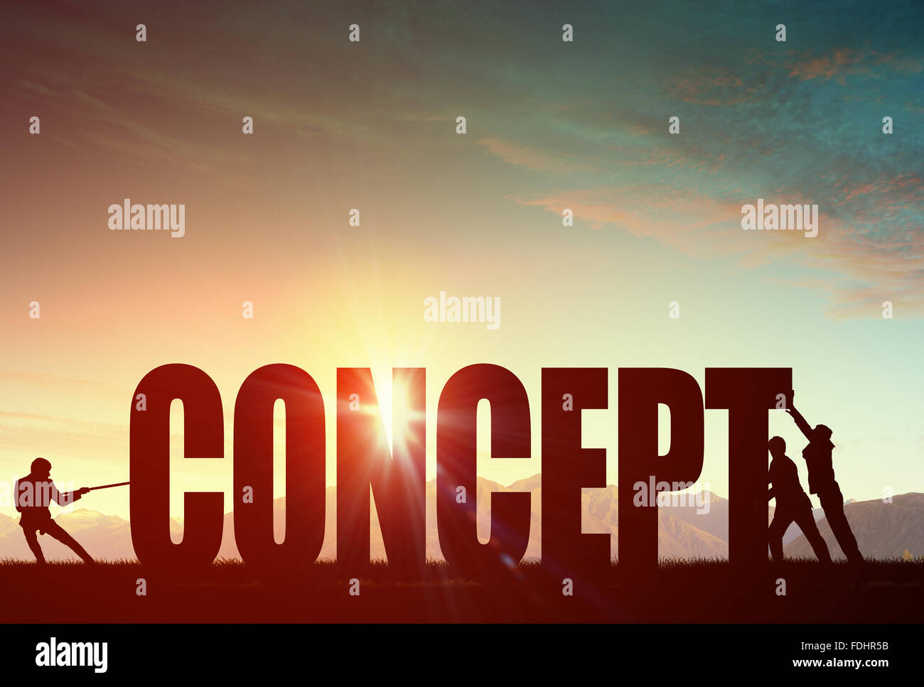 Business people pulling word concept representing collaboration work ...