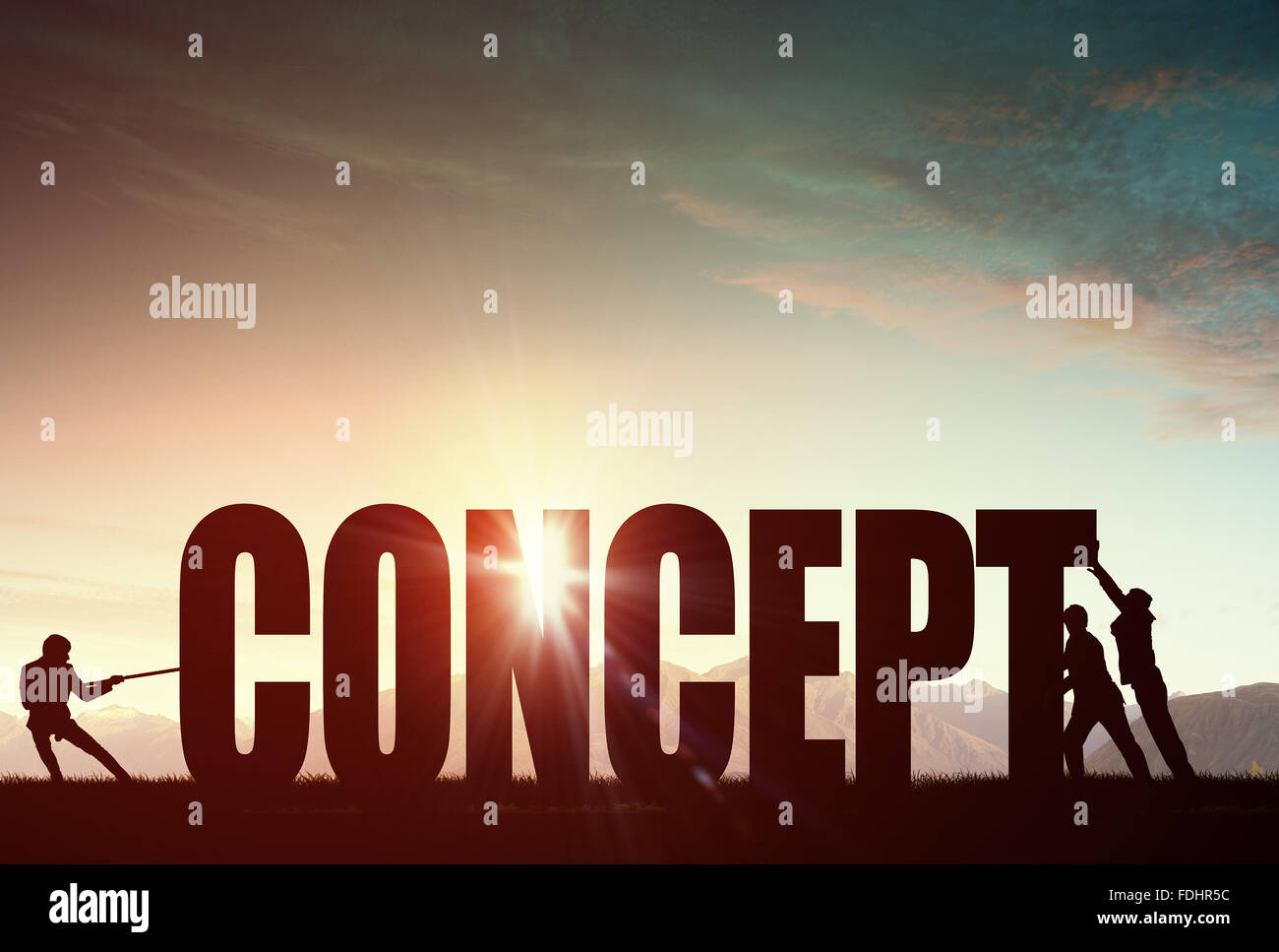 Business people pulling word concept representing collaboration work ...